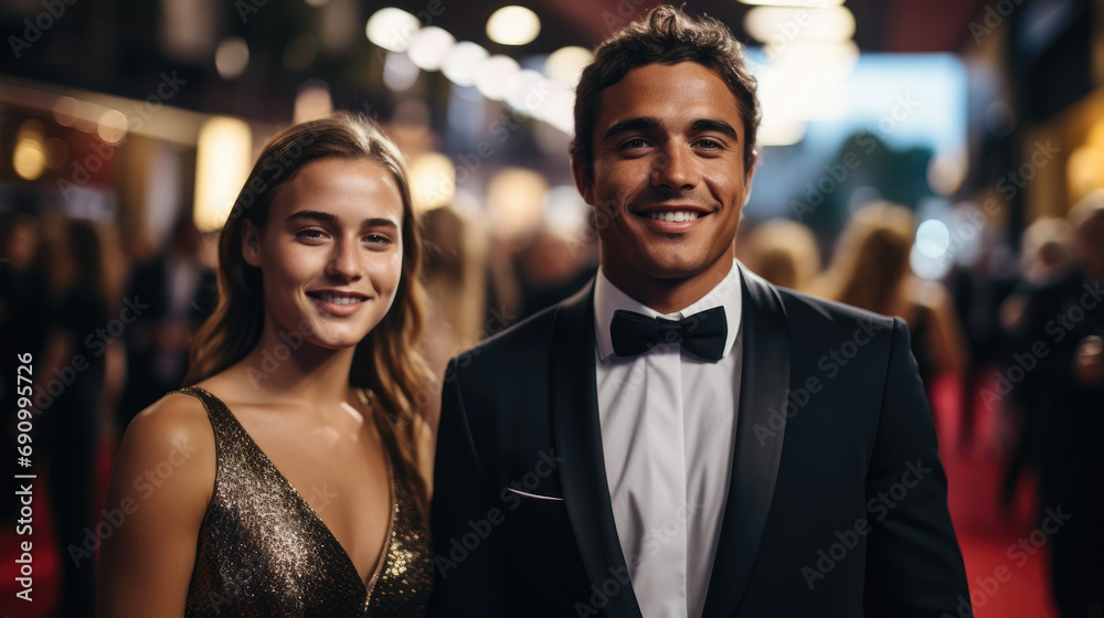 Mixed race Gen z couple, Man in smart tuxedo and woman in little ...