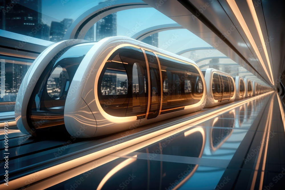 A futuristic transportation hub where passengers board hyperloop pods for high-speed ...