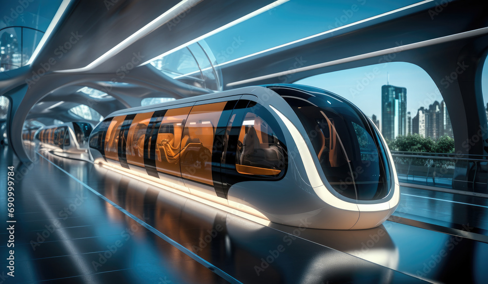 A futuristic transportation hub where passengers board hyperloop pods ...