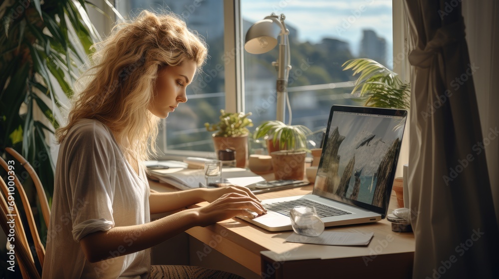 A blonde woman studying in her bedroom, Sitting behind a desk which is ...