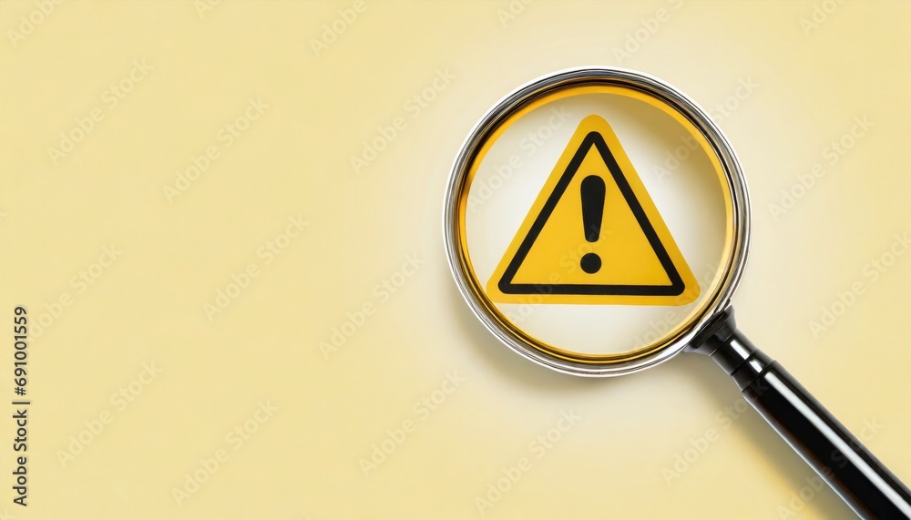 Red triangle caution warning sign inside of magnifier glass on pastel ...