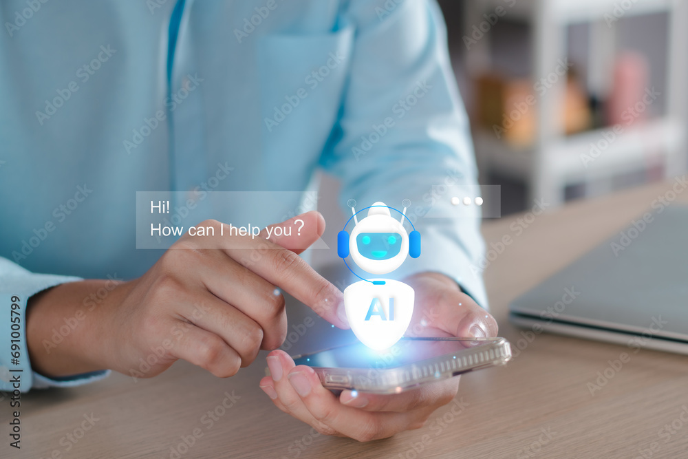 Chat robot ai assistant concept. Businessman show command prompt to ...