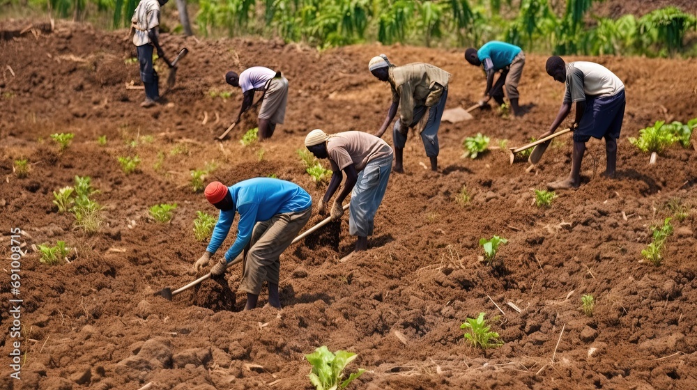 Manual harvesting process. Indian villagers work together to harvest ...