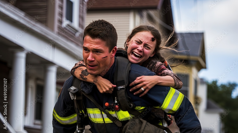 Scared young woman hugs brave fireman saved girl from fire on street ...