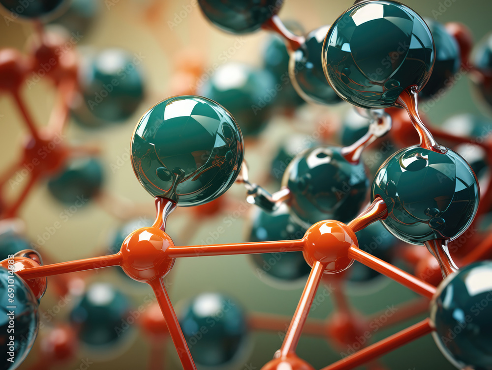 3D illustration of a molecular structure with orange and green atoms ...