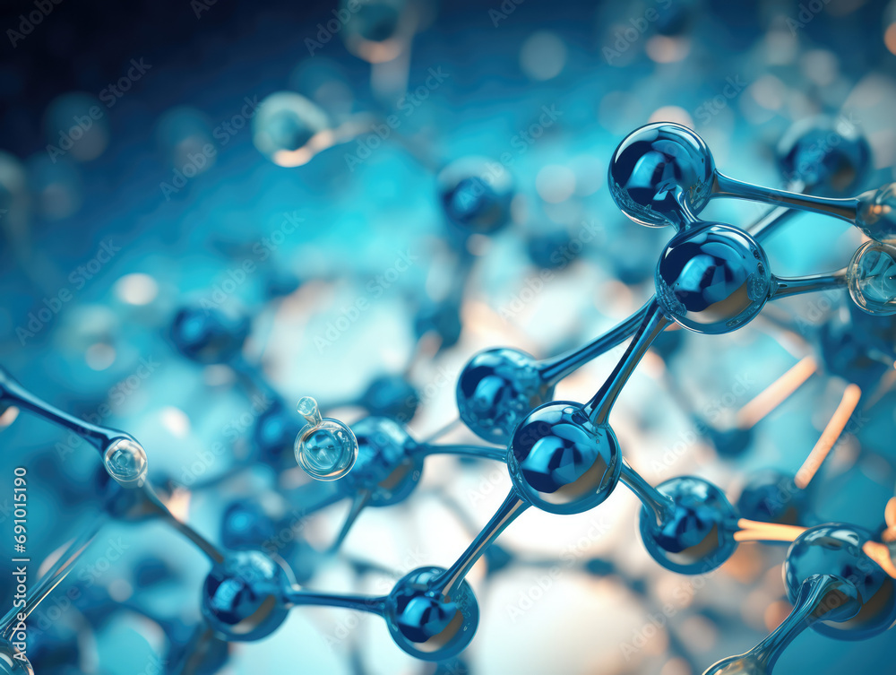 3D illustration of a molecular structure with blue atoms connected by ...