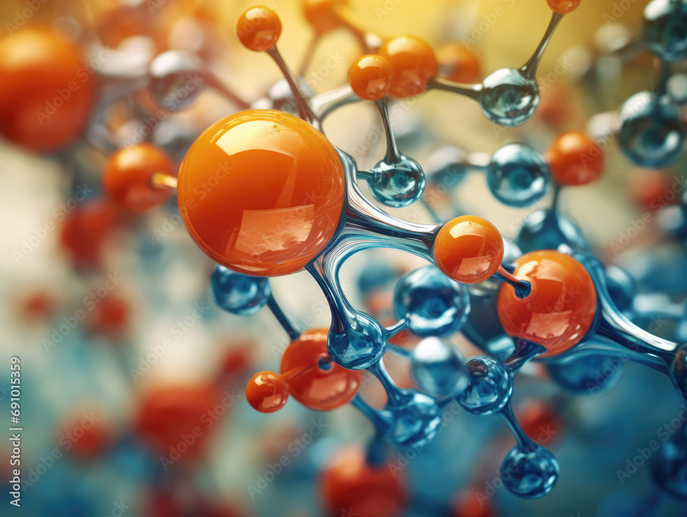 3d Illustration Of A Molecular Structure With Orange And Blue Atoms Connected By Bonds Stock