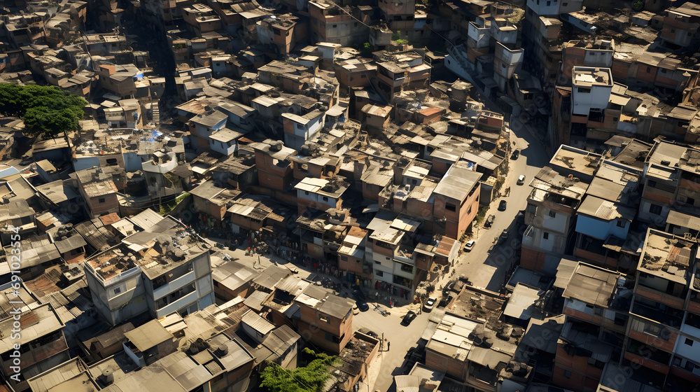 An aerial view of the sprawling slums and favelas of Rio de Janeiro ...