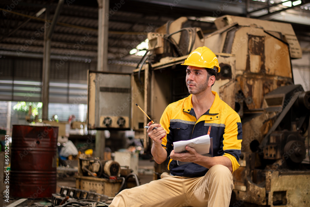Portrait man worker under inspection and checking production process on ...