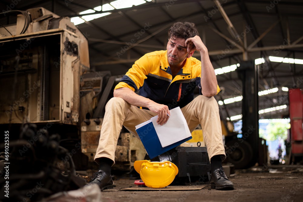 Worker wearing uniform sitting in factory plantation posing feel tried ...