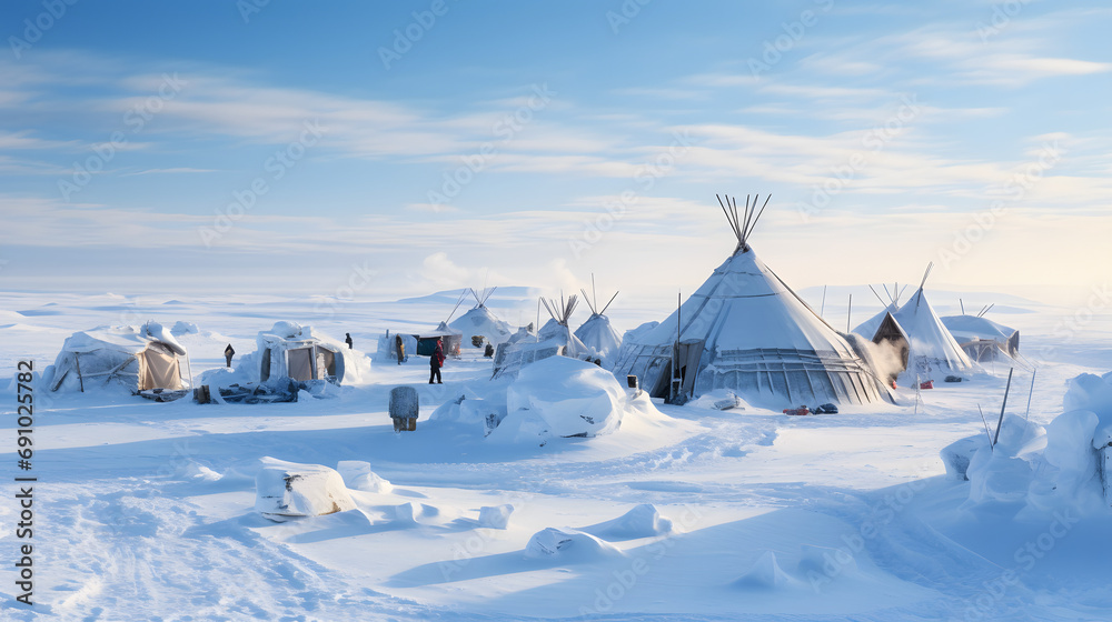 A traditional Inuit community in the Arctic with igloos and a snowy ...