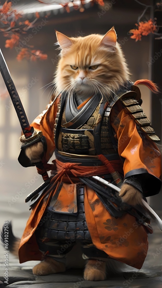 (Samurai-Attired Orange Cat) A detailed full-body scene featuring an ...