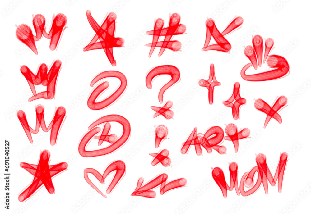 Collection of graffiti street art tags with words and symbols in red ...