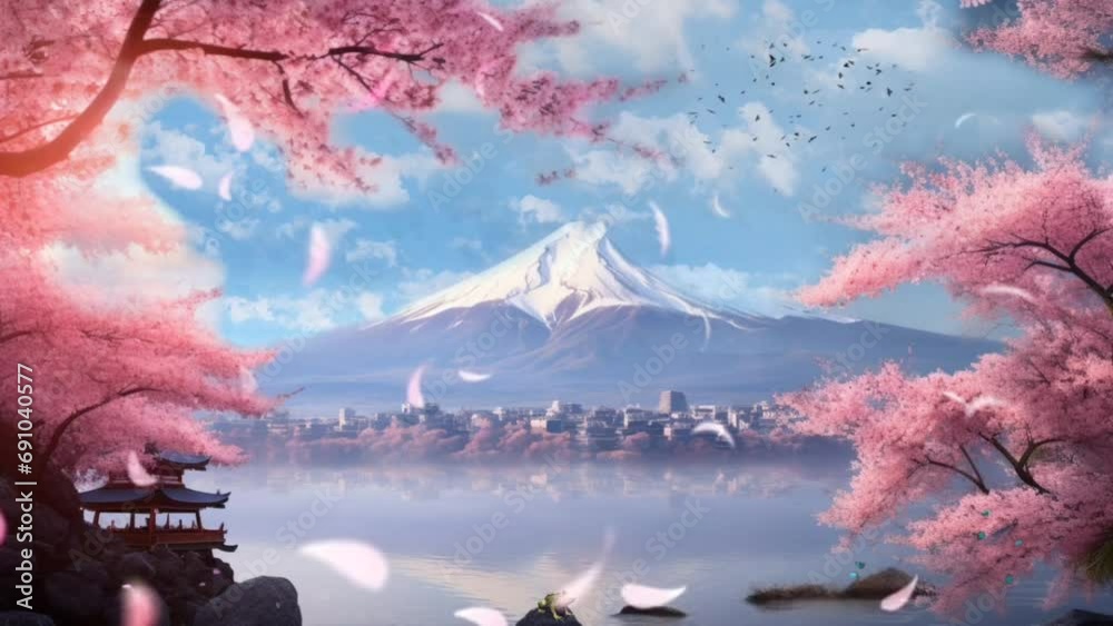 Vidéo Stock Spring landscape with cherry blossom trees and Mt. Fuji ...