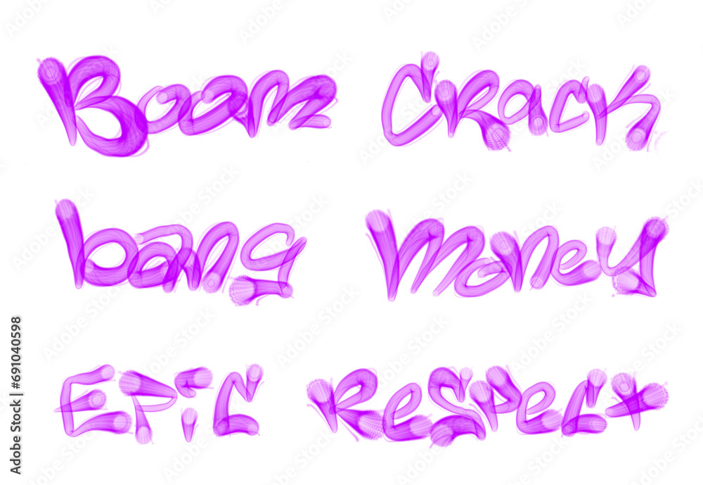 Collection of graffiti street art tags with words and symbols in violet ...
