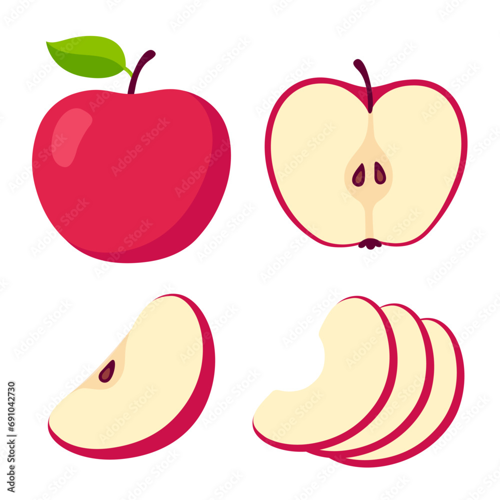 Red apple cartoon set. Cross section of cut apple, slices and whole ...