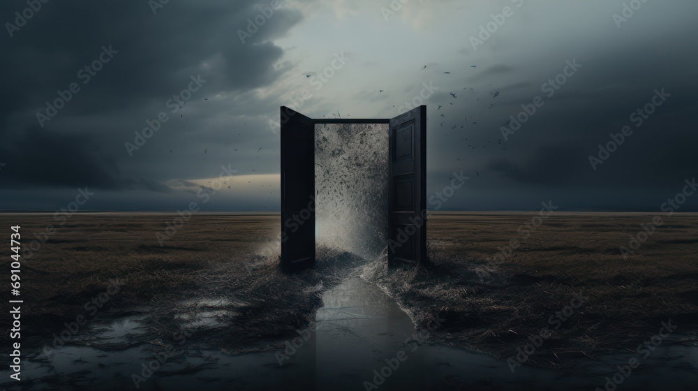 an open door opening into a vast field, in the style of horror-inspired ...