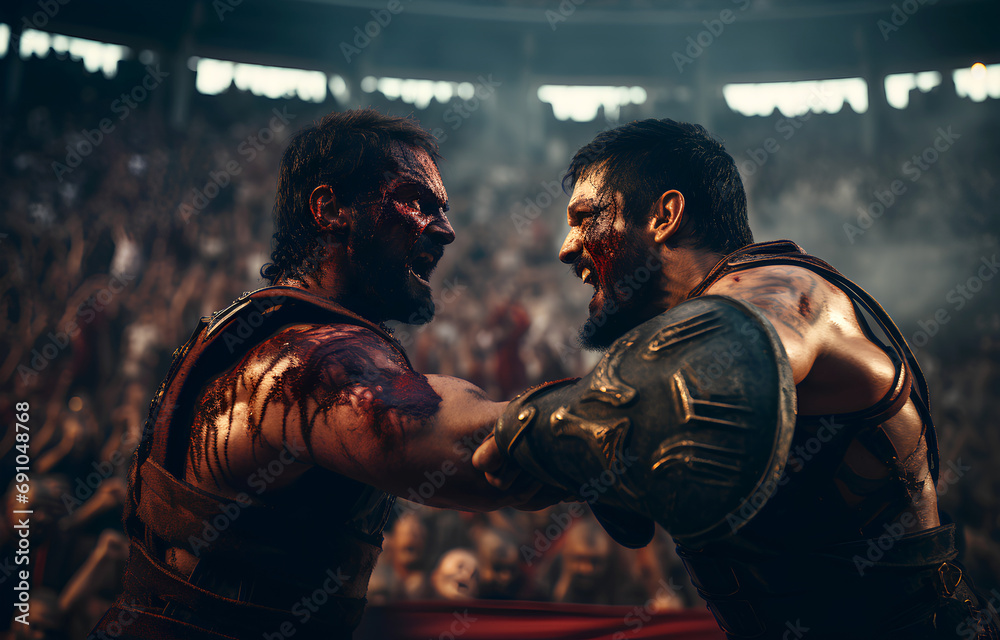 Fight between gladiators, angry and wounded face of attacking ...