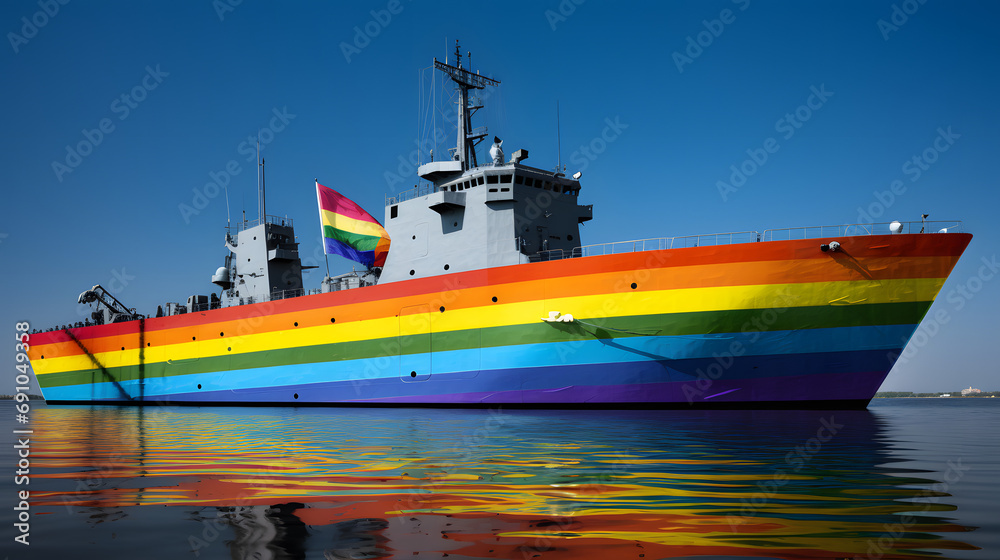 A naval ship with a rainbow painted on its side as a symbol of peace ...