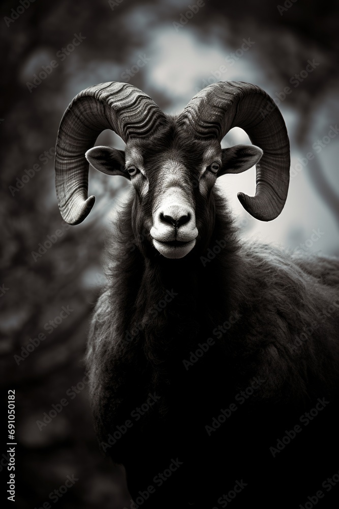 High resolution HD photo portrait of a mountain sheep, black background ...