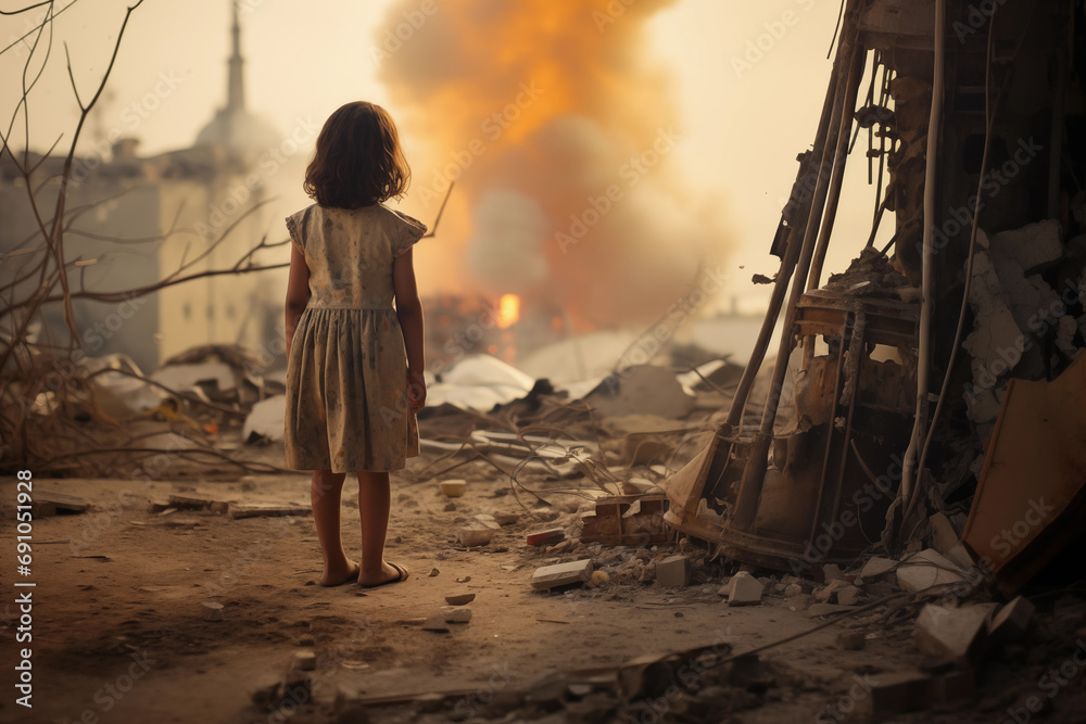 The little orphan girl is crying in front of building destroyed by a ...