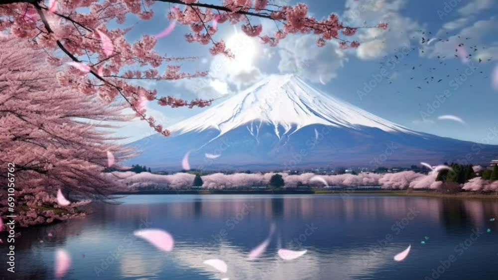 Vidéo Stock Spring landscape with cherry blossom trees and Mt. Fuji ...