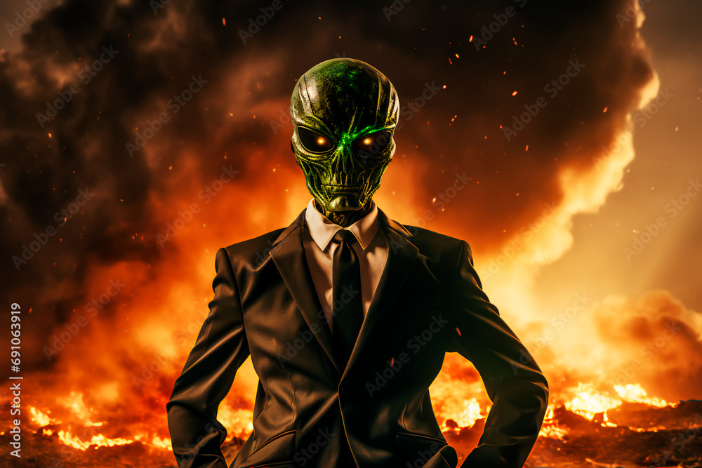 Dramatic illustration: A green alien in a classic black suit stands ...