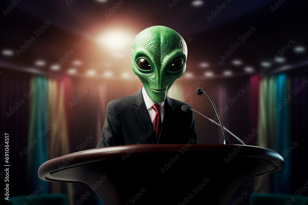 Whimsical illustration: A green alien in a sharp black suit stands ...