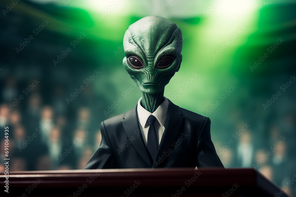 Whimsical illustration: A green alien in a sharp black suit stands ...