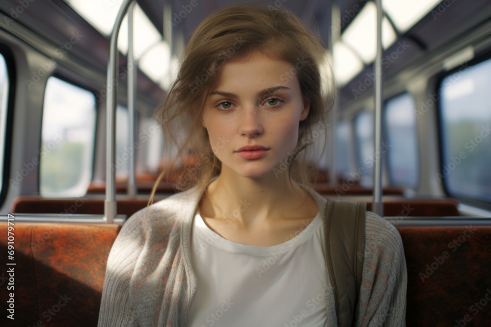 A Caucasian pretty girl, portrait in train, subway photography at ...