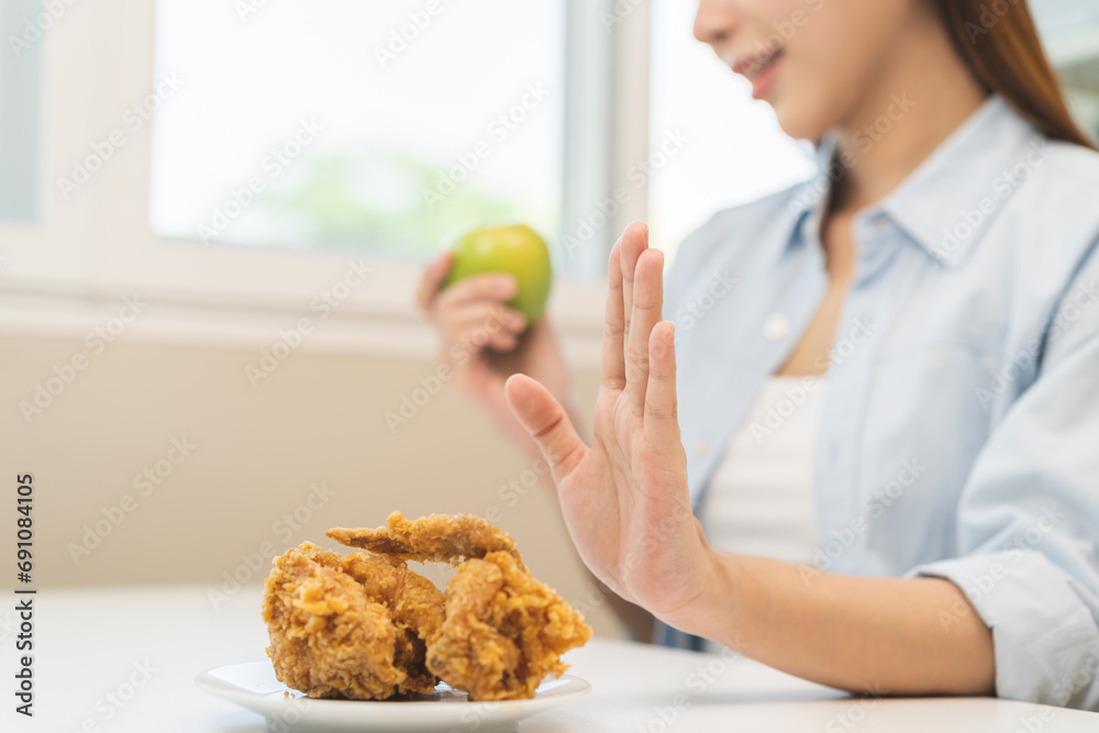 Diet, Dieting asian young woman hand push out, reject fried chicken on ...