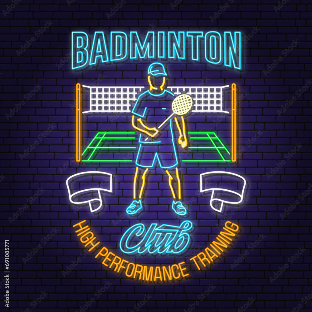 Badminton sport neon emblem. Vector illustration. Vintage badminton ...