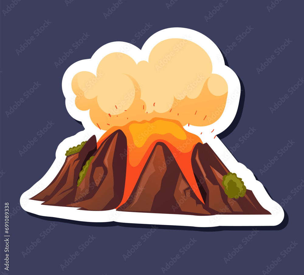 Volcano fire mountain sky nature stickers isolated set. Vector graphic ...