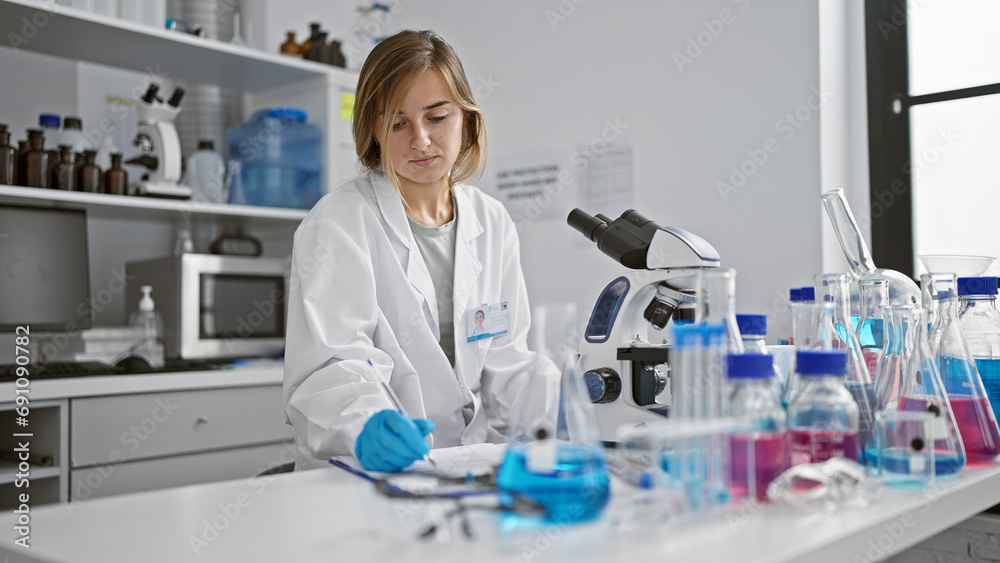 Dazzling young blonde scientist in busy lab scribbles down document of ...