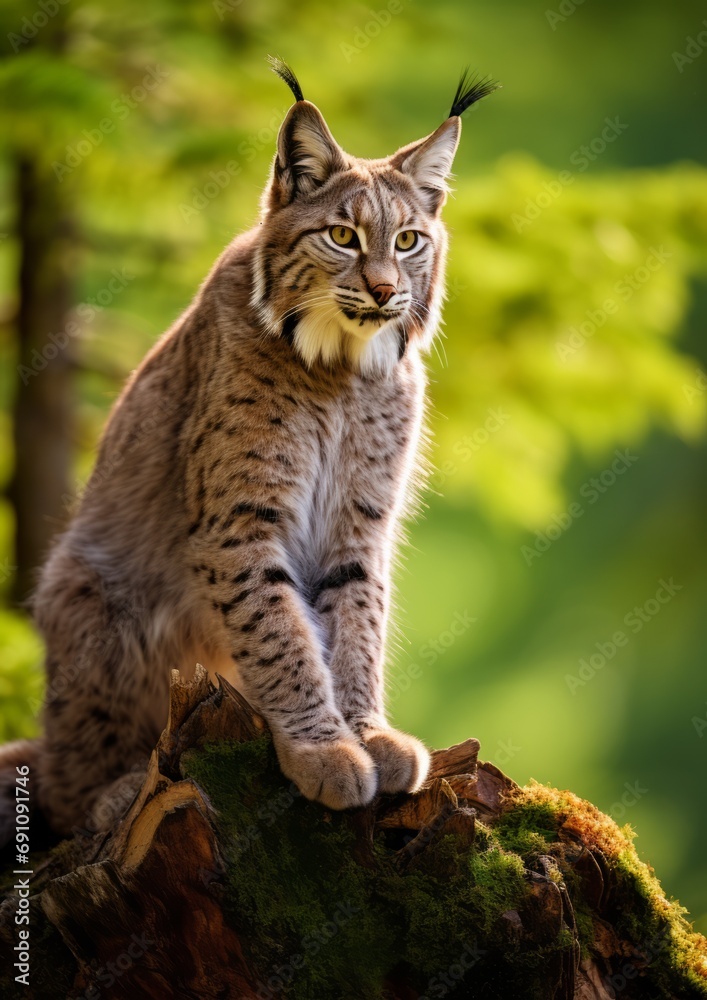 A lynx sits on a tree stump in the forest and keeps a watchful eye out ...