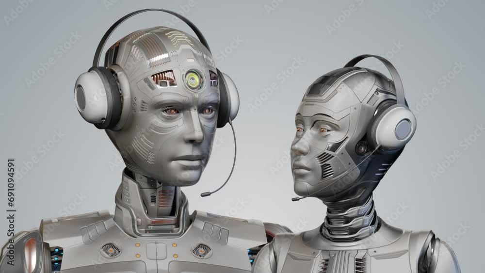 Two detailed futuristic robot operators looking at each other. Male and ...