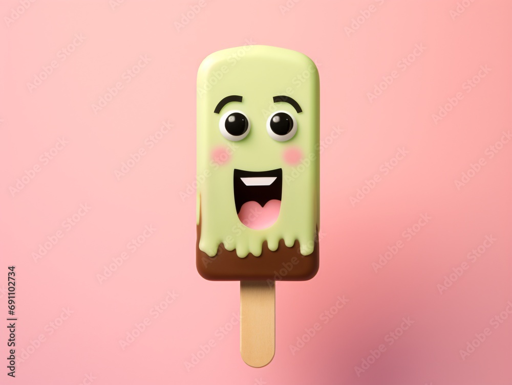 an funny green ice pop character is shown over a pink background, light ...