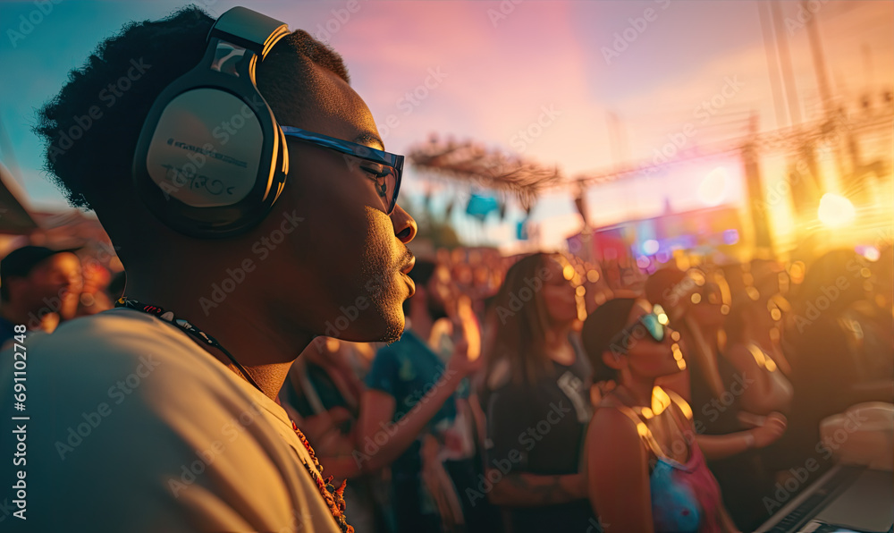 DJ behind the mixing desk at a big open air concert with a huge crowd ...