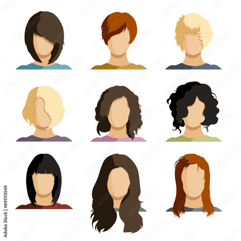 Vector Set of Flat Woman Faces with Different Hairstyles Stock Vector ...