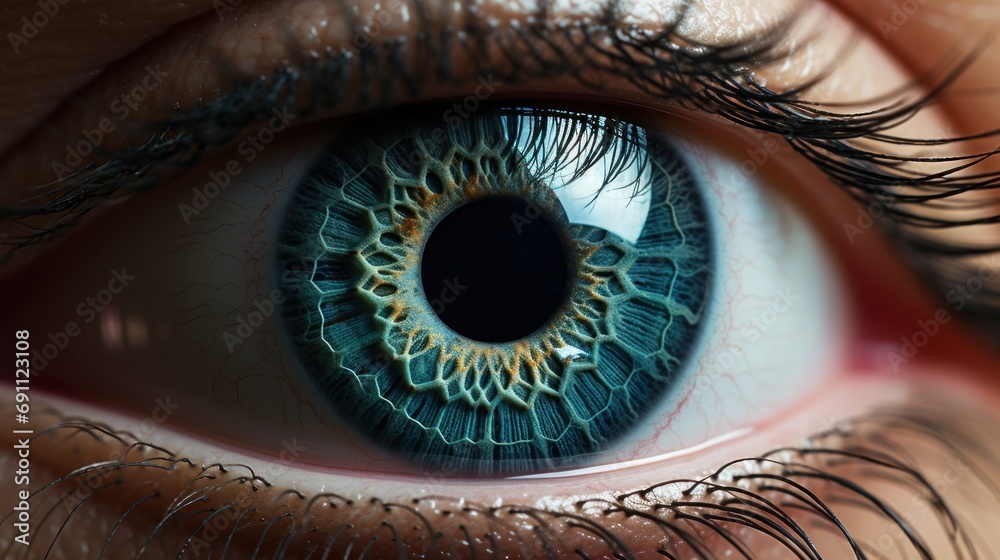 a close up of a person's eye with a blue iris and a circular pattern on ...