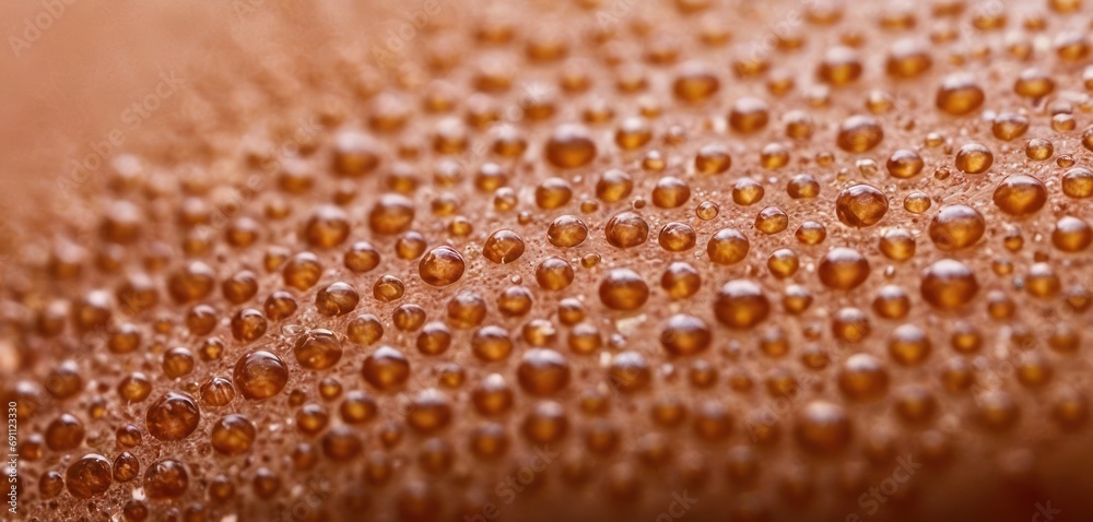 a close up view of water droplets on the surface of a piece of brown ...