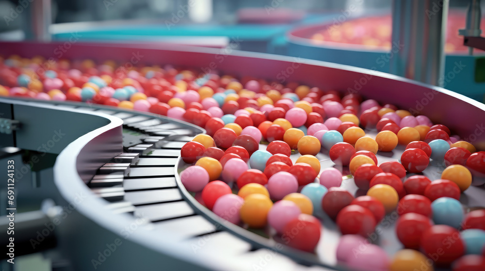 Automated preparation of pastel colors sweets, candy factory conveyor ...