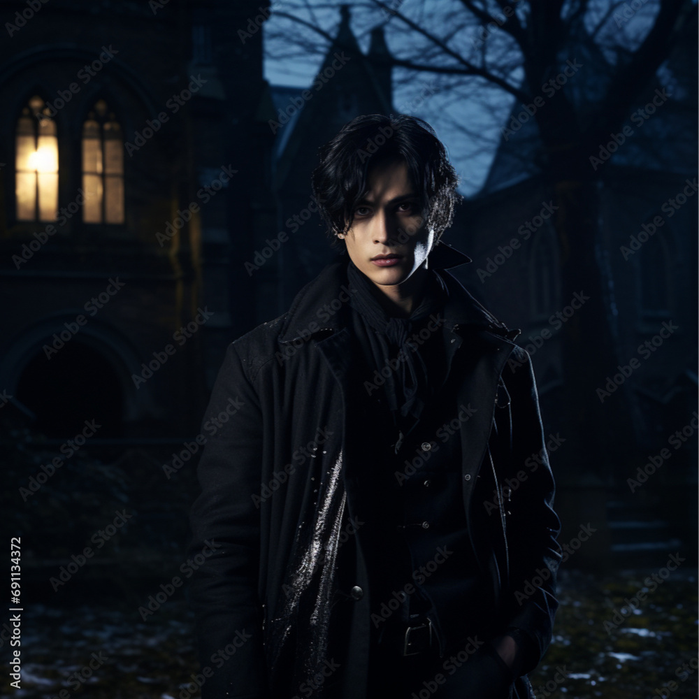 18 year old boy with black hair and wearing medieval black clothes ...