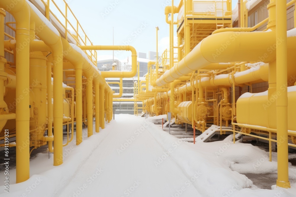 Arctic Glow. Stunning sight of frozen yellow gas pipes amidst an awe ...