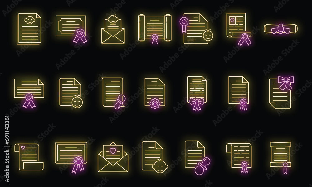 Certificate of birth icons set. Outline set of certificate of birth ...