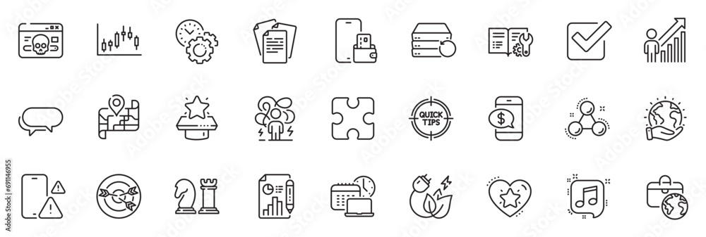 Icons pack as Candlestick graph, Musical note and Cyber attack line ...