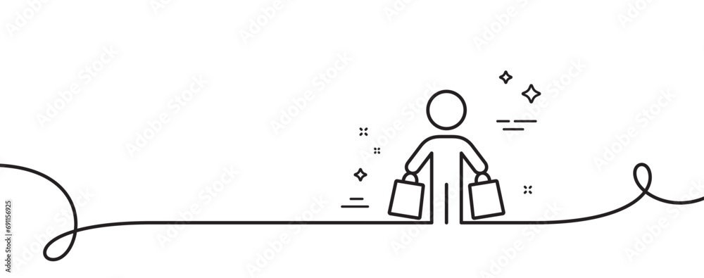 Buyer with shopping bags line icon. Continuous one line with curl ...