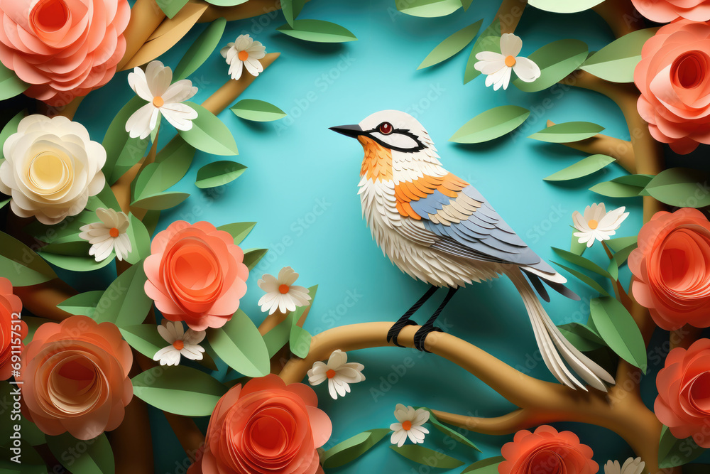 Crafted paper art bird,with vivid tones, stylized paper flowers and ...