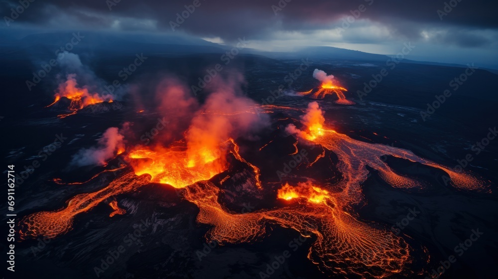 Captivating aerial perspective capturing the molten lava streaming from ...