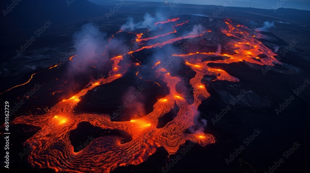 Captivating aerial perspective capturing the molten lava streaming from ...
